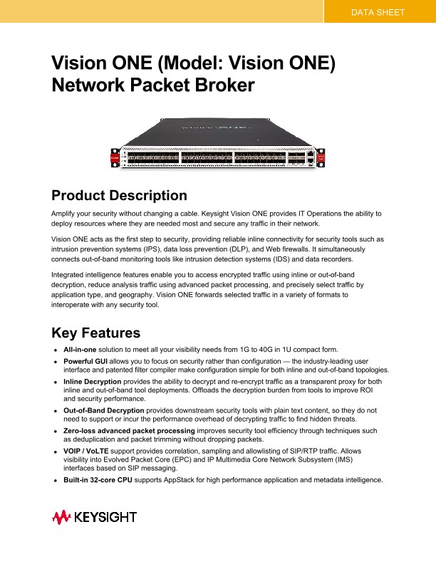 Vision ONE (Model: Vision ONE) Network Packet Broker PDF Asset Page | Keysight